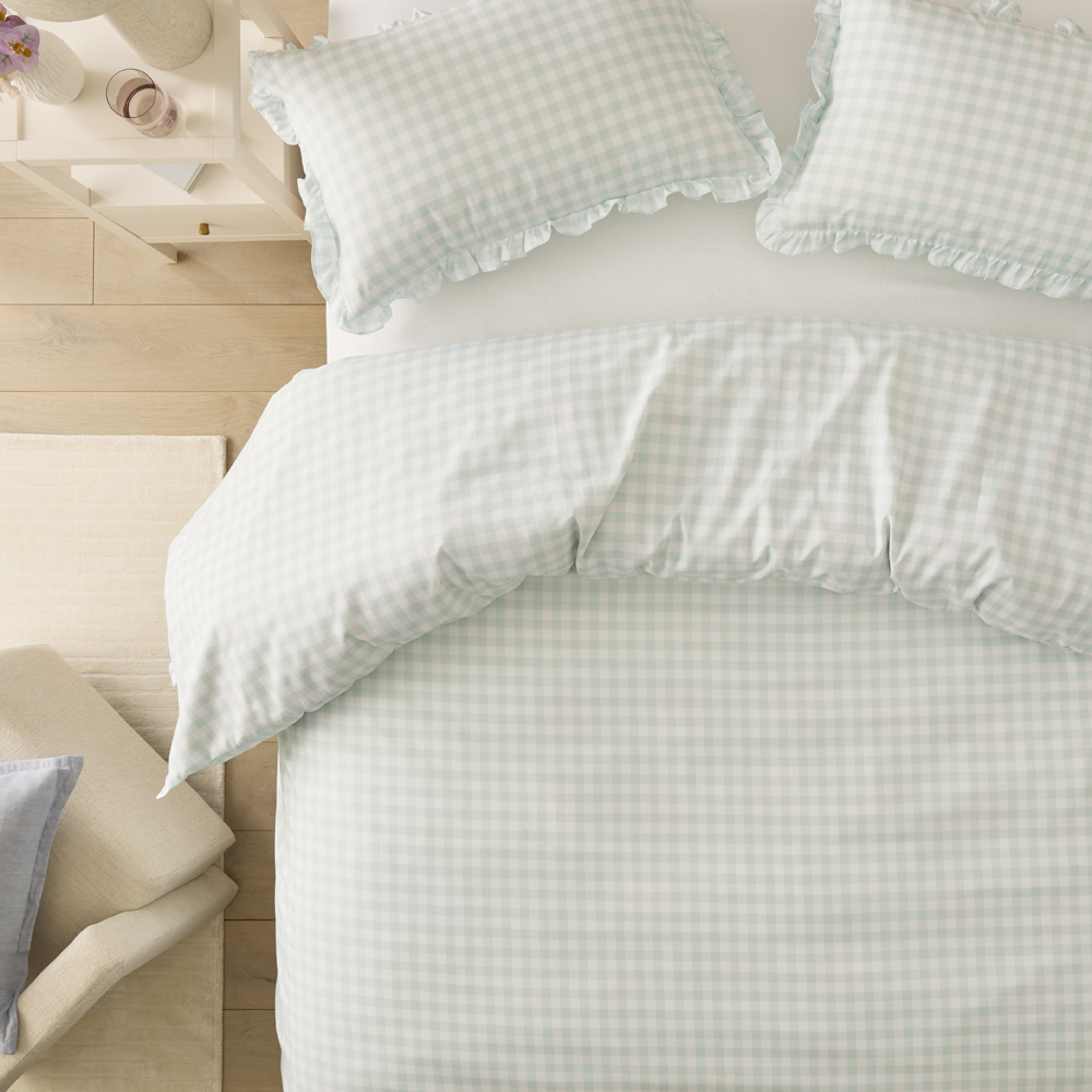 Microfibre Ruffle Mint Gingham Quilt Cover Set | Adairs