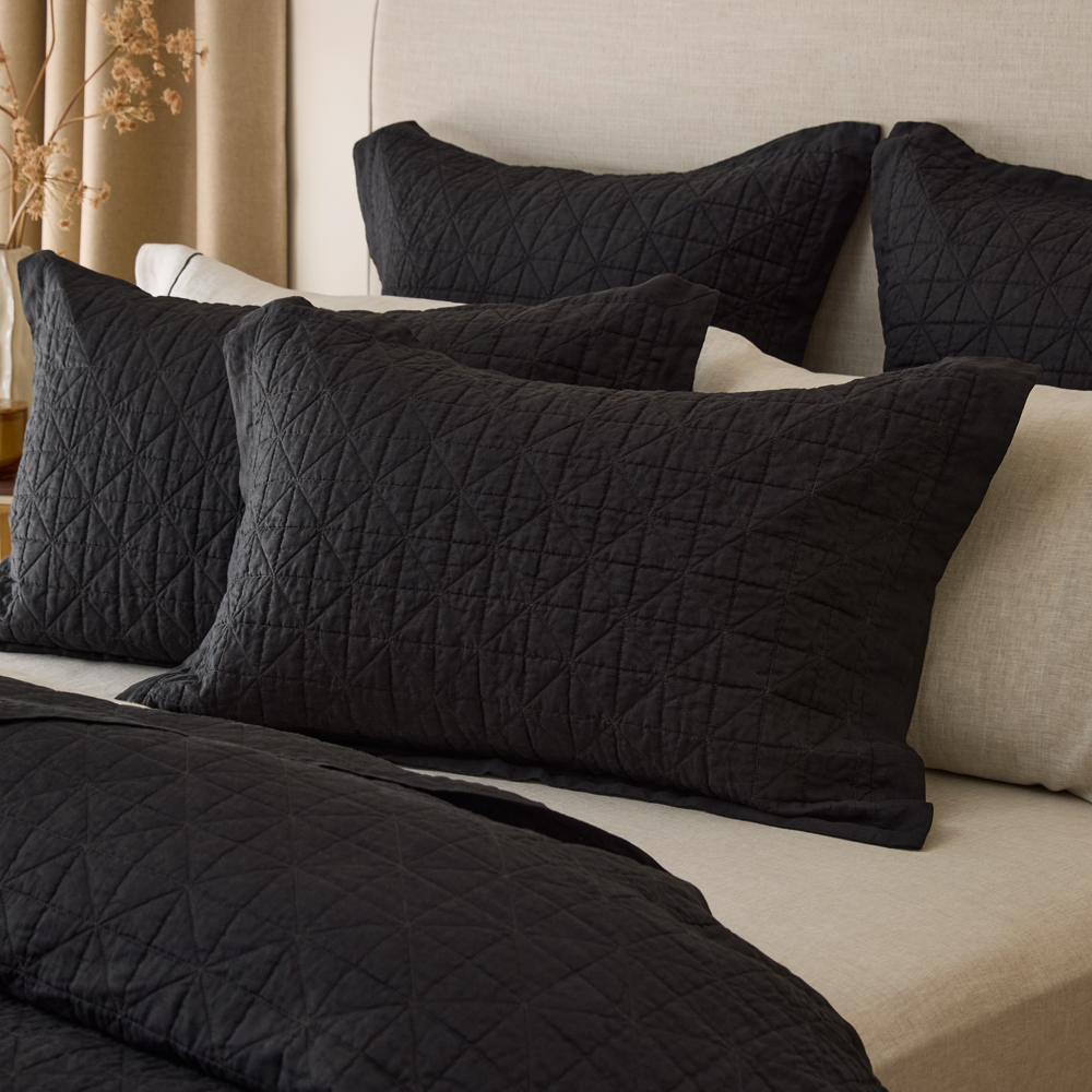Vintage Washed Linen Liquorice Quilted Pillowcases | Adairs