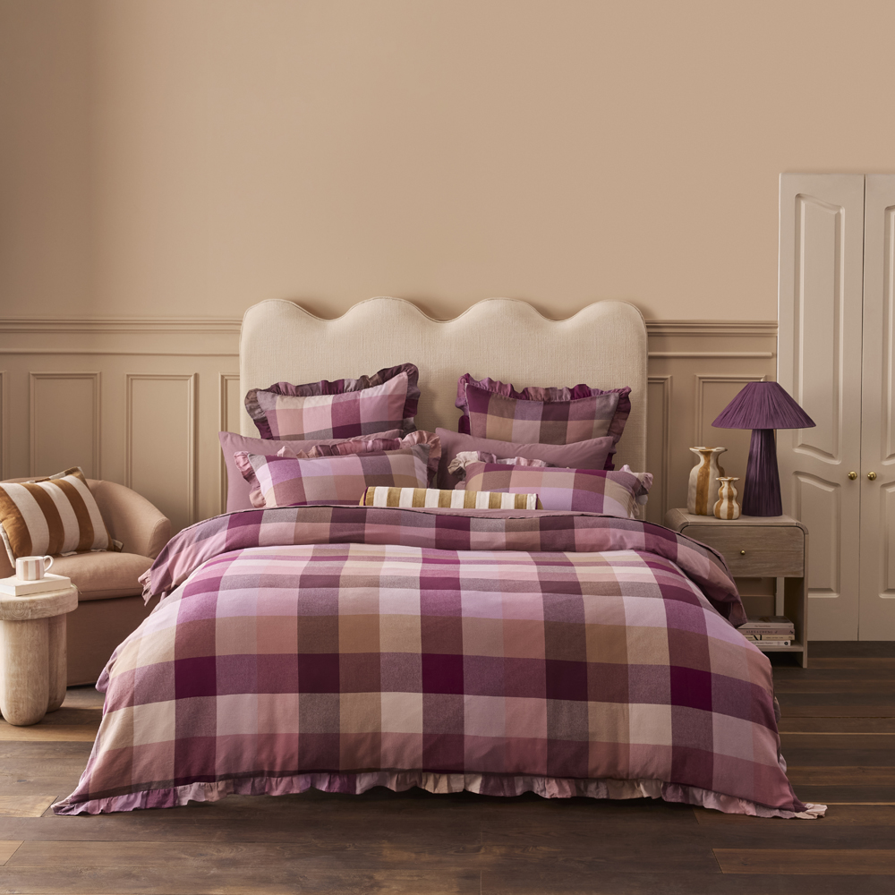 Mulberry Check Ruffle Flannelette Quilt Cover Set + Separates | Adairs