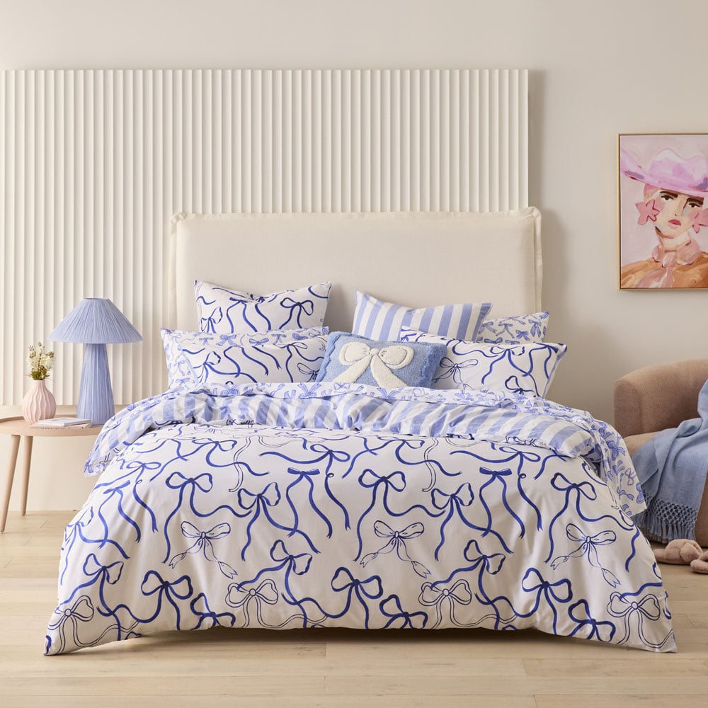 Sweet Dreams Blue Bows Blue Quilt Cover Set + Separates | Adairs