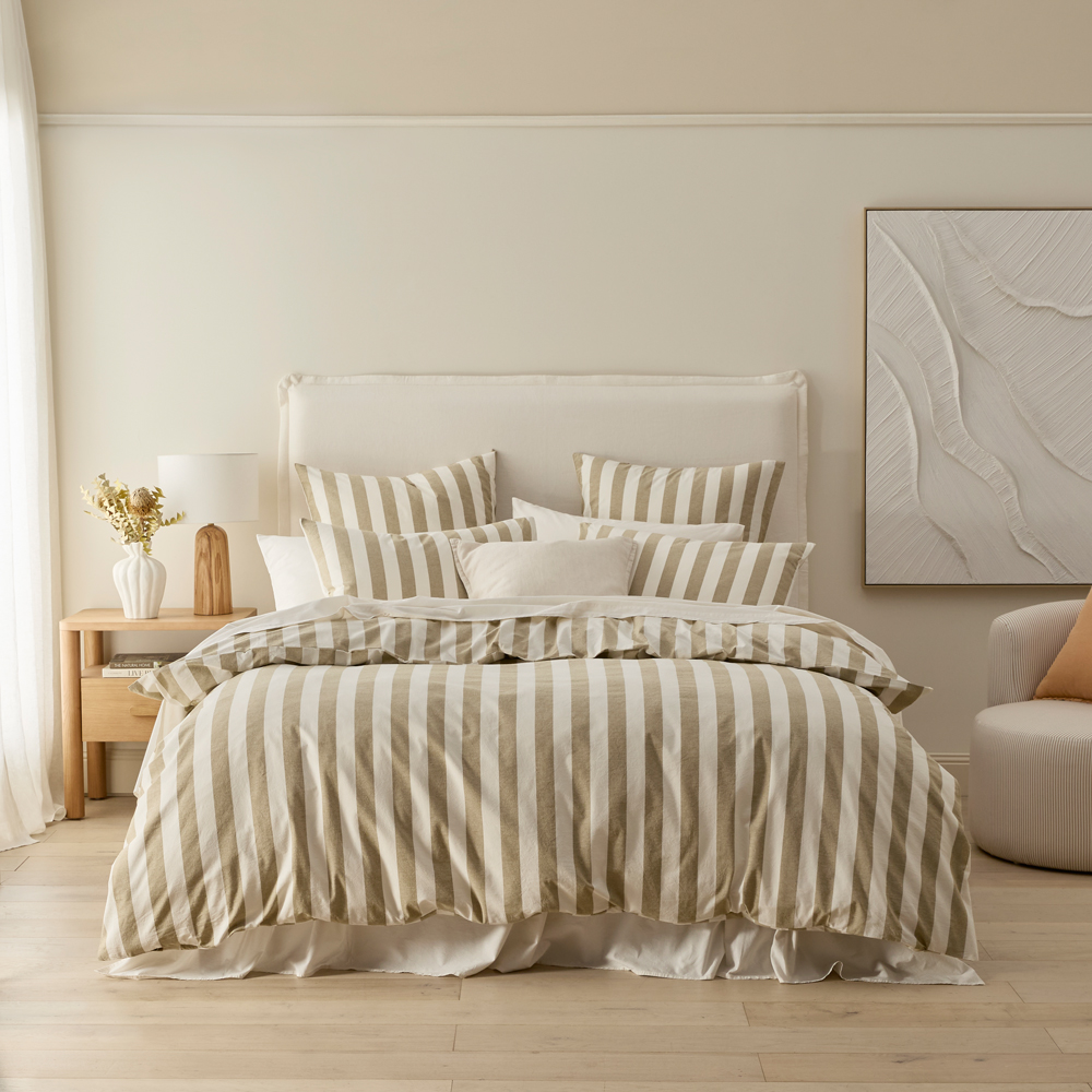 Stonewashed Cotton Olive & Coconut Stripe Quilt Cover Separates | Adairs