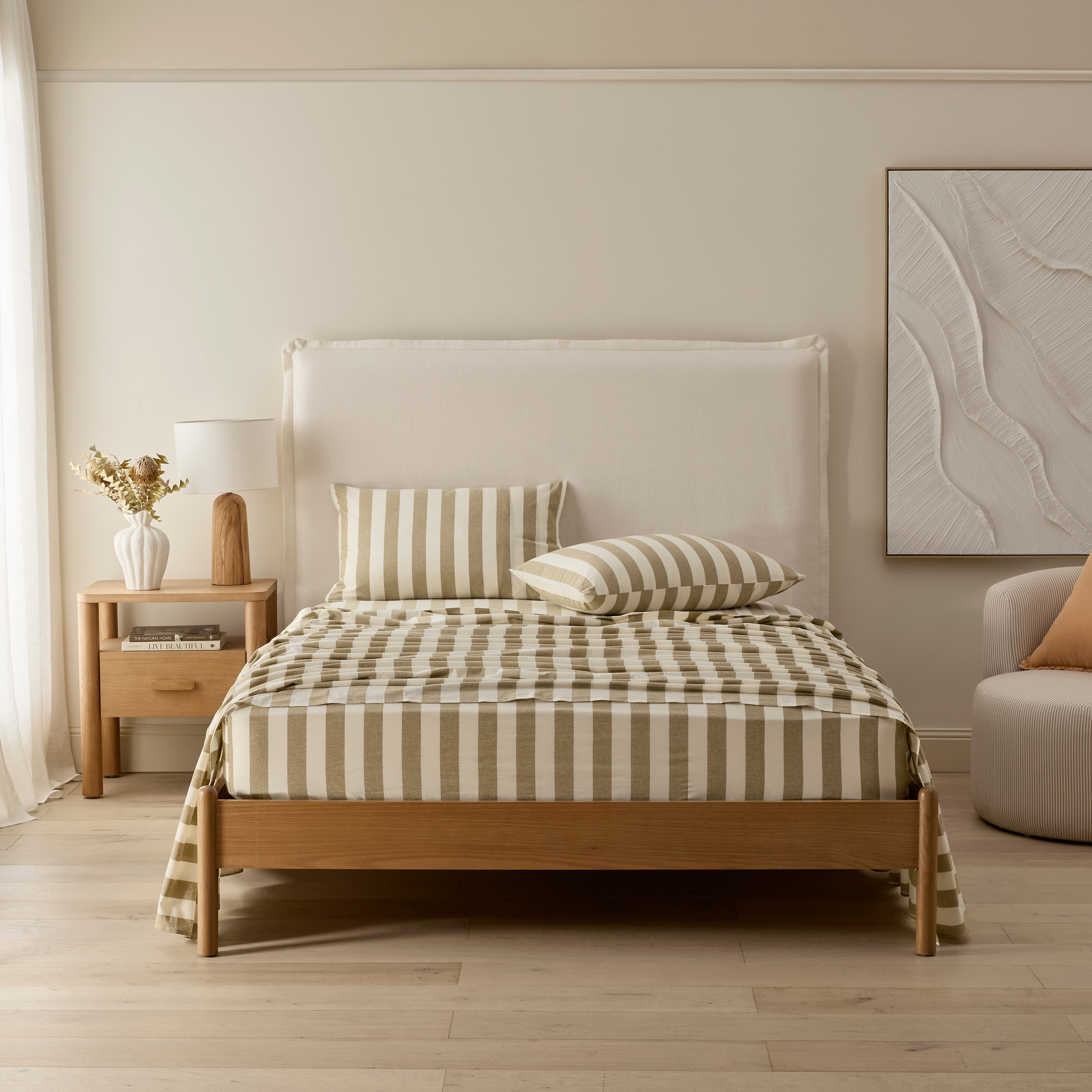 Stonewashed Cotton Olive & Coconut Stripe Sheet Separates | Adairs