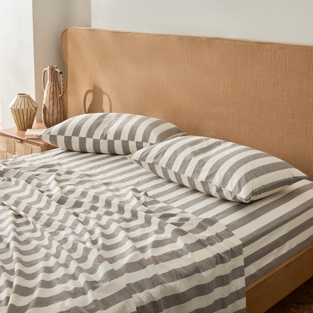 Stonewashed Cotton Natural & Chocolate Stripe Sheet Separates | Adairs