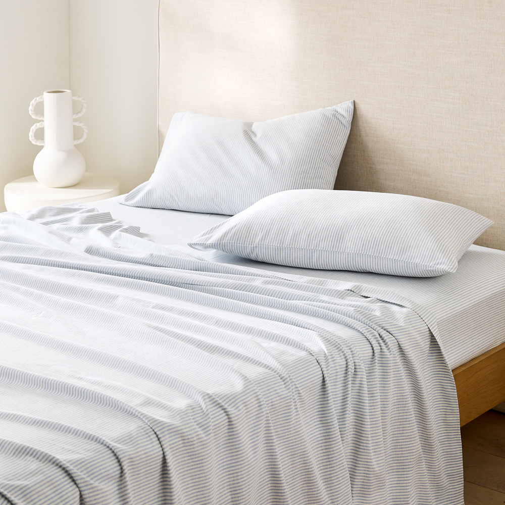 Arden Stripe Dusty Blue Linen Cotton Sheet Set | Adairs