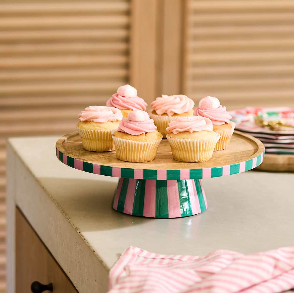 Christmas Pink & Green Mango Wood Cake Stand | Adairs