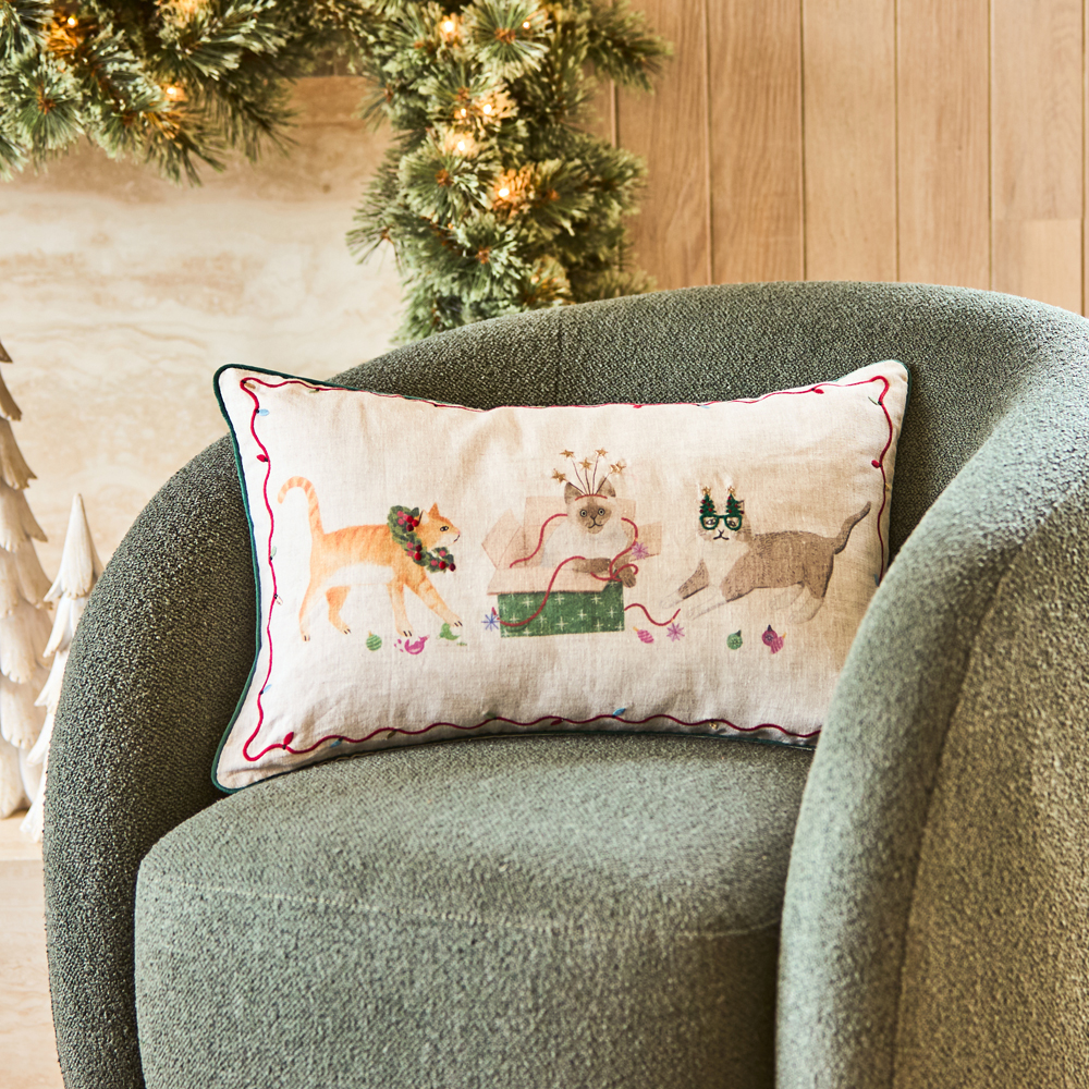 Festive Cats Linen Cushion | Adairs