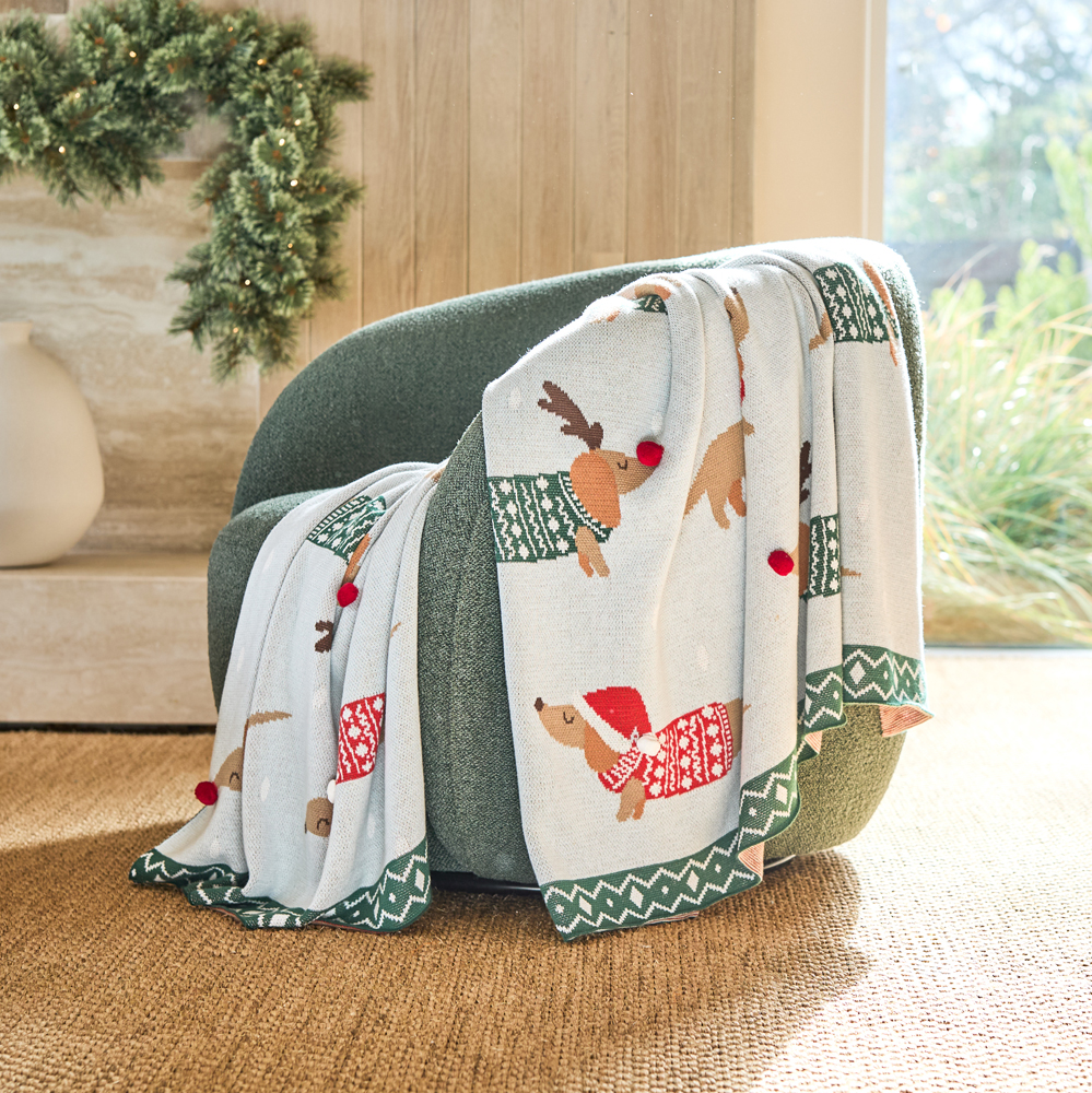 Festive Dashing Dachshunds Knitted Throw | Adairs