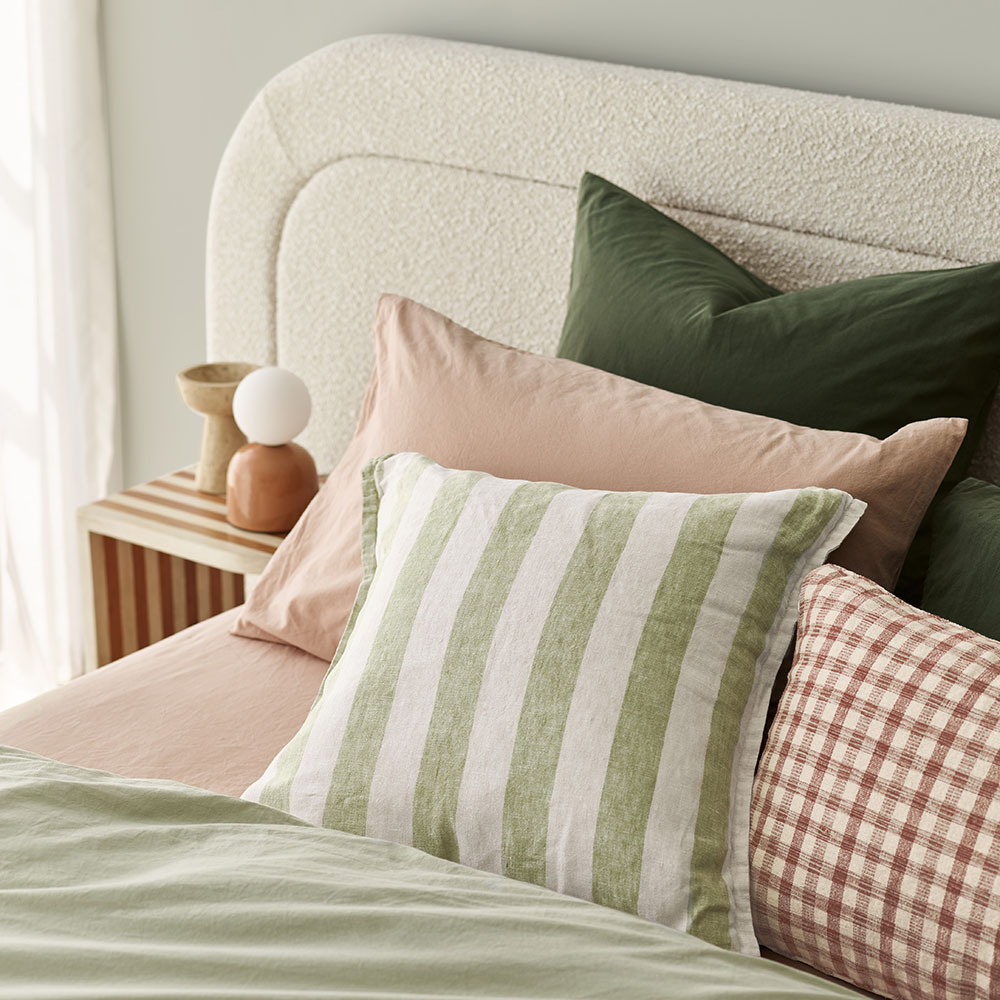 Belgian Olive Green & Nude Pink Stripe Vintage Washed Linen Cushion | Adairs