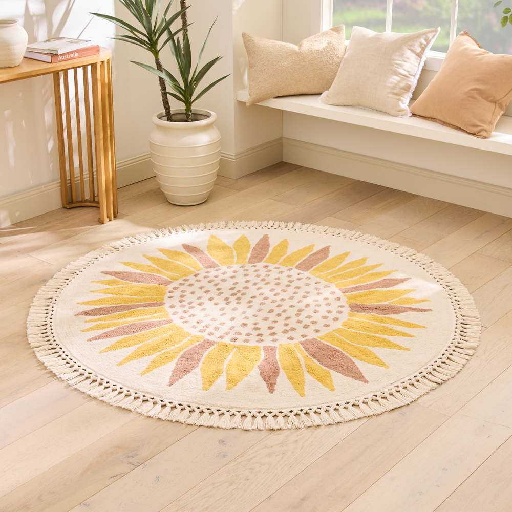 Sunflower Mustard Round Rug | Adairs