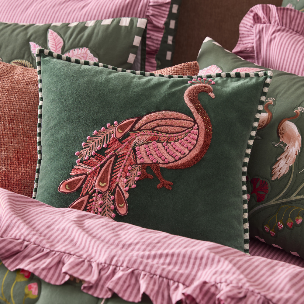 Allegra Peacock Velvet Pine Cushion | Adairs