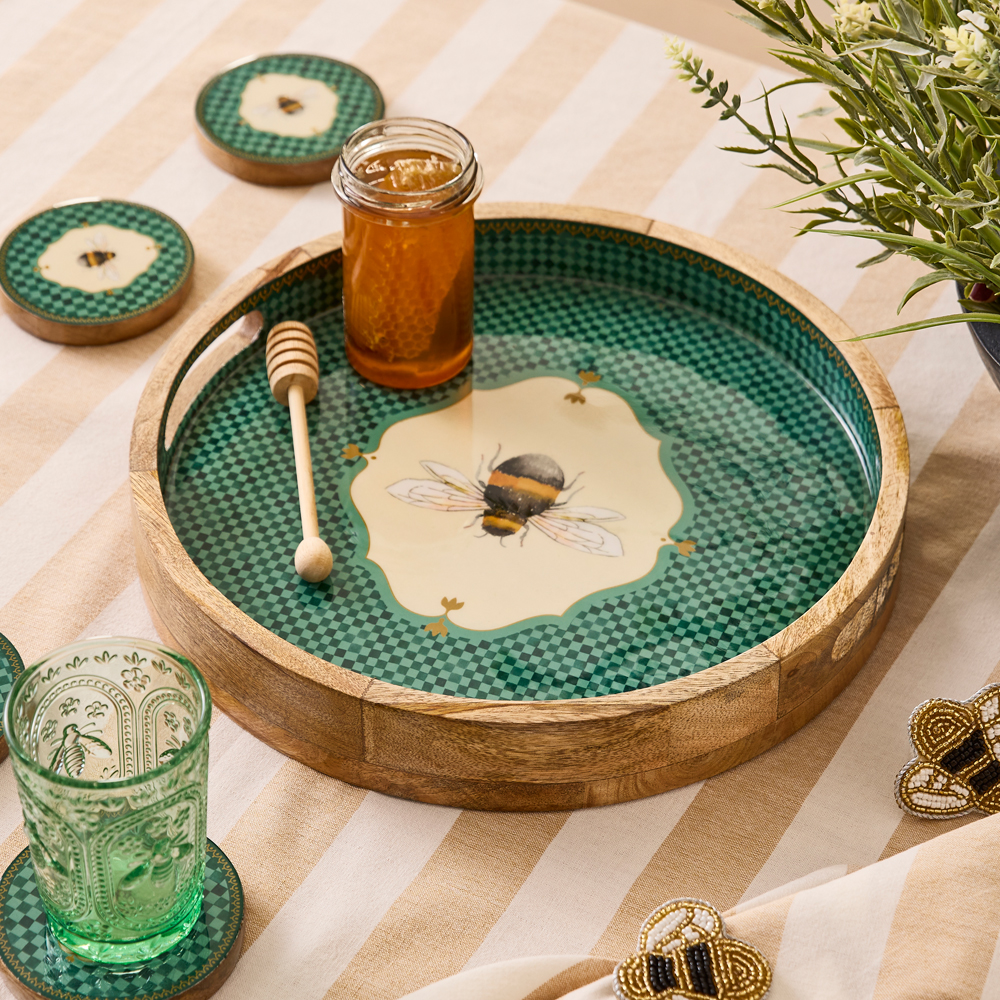 Bee Green Mango Wood Round Tray | Adairs