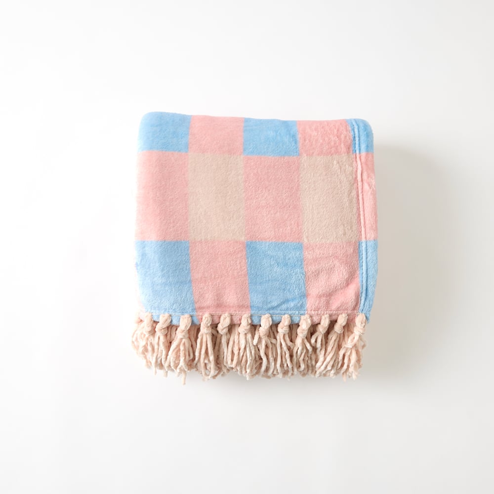 Aspen Blue & Pink Check Fleece Tassel Throw | Adairs