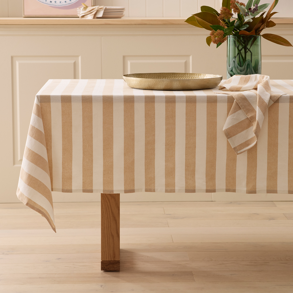 Ava Caramel & White Stripe Tablecloth | Adairs