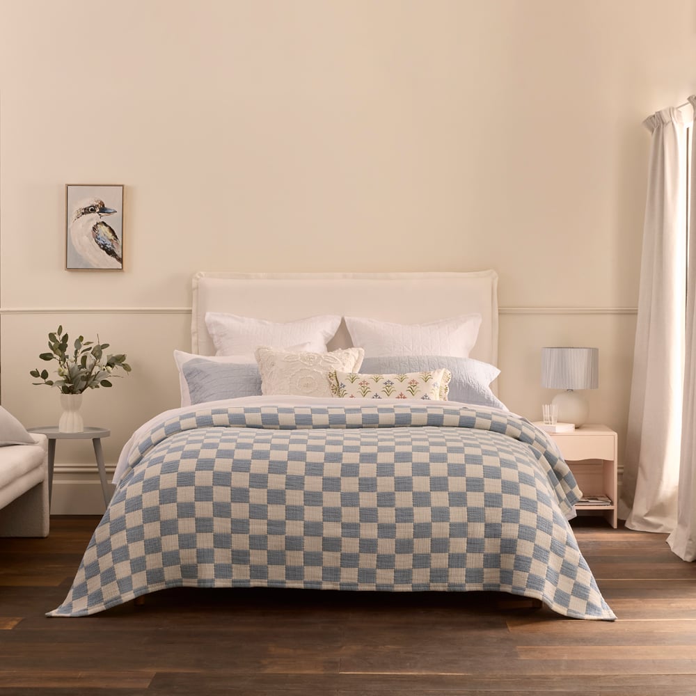 Chiltern Check Chambray Blue & White Blanket | Adairs