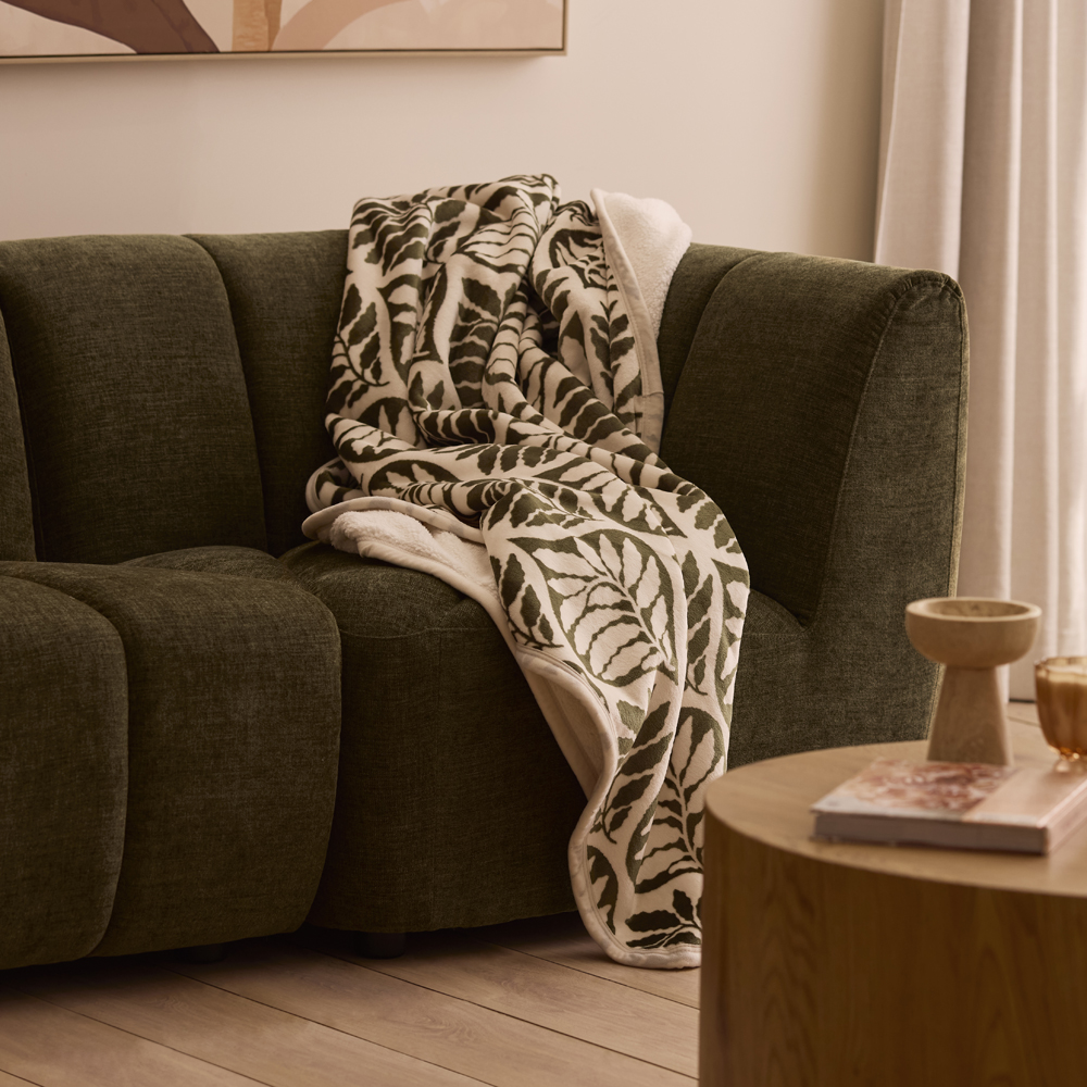 Natural & Olive Leaf Sherpa Throw | Adairs