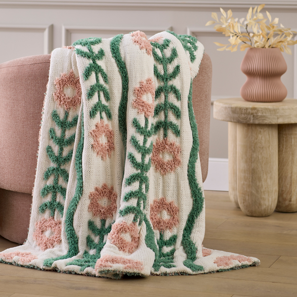 Elsie Natural & Green Feather Knit Throw | Adairs