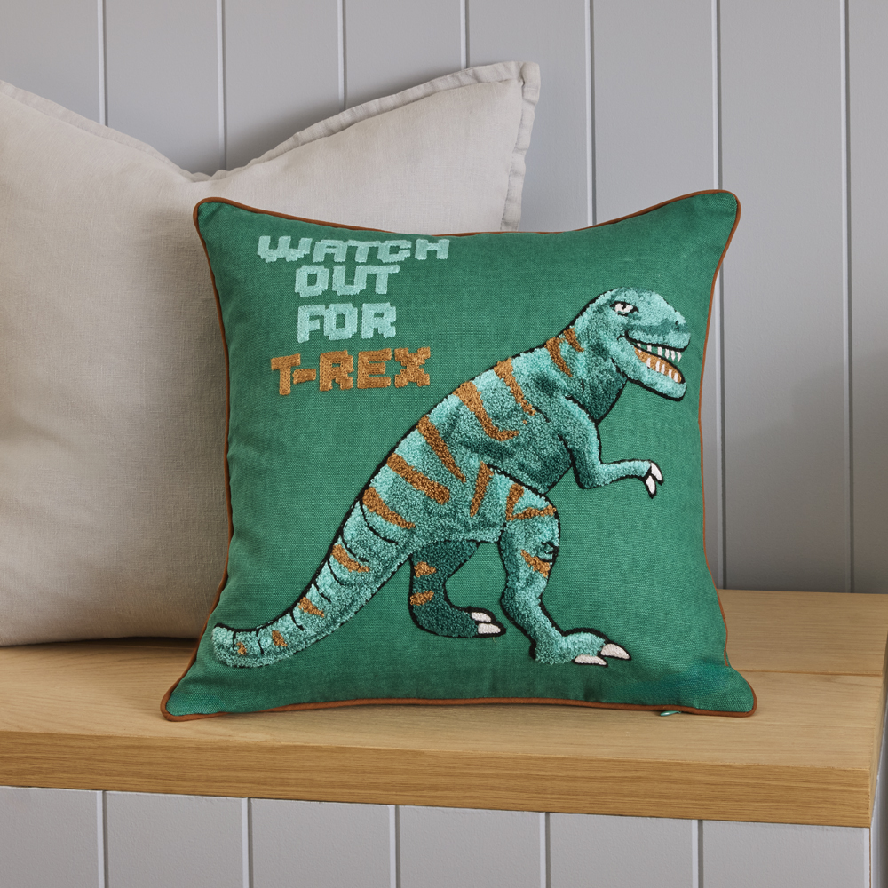 Adairs Kids - Watch Out For T-Rex Deep Green Tufted Cushion | Adairs