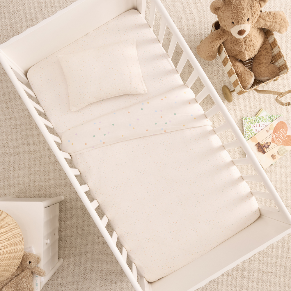 Charlie Multi Spot Cotton Muslin Cot Quilt Cover Set | Adairs