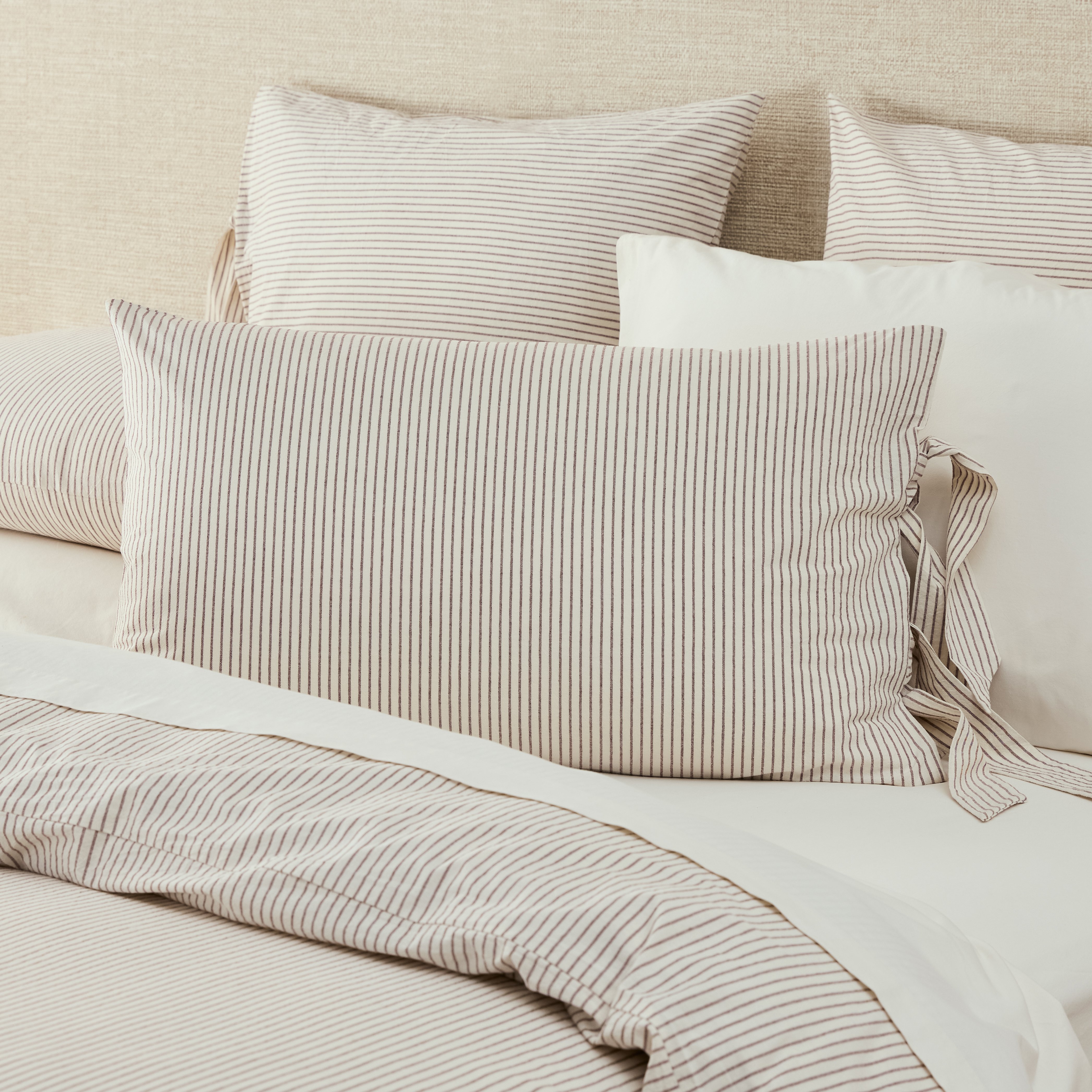Stonewashed Cotton Coconut & Chocolate Thin Stripe Pillowcases | Adairs
