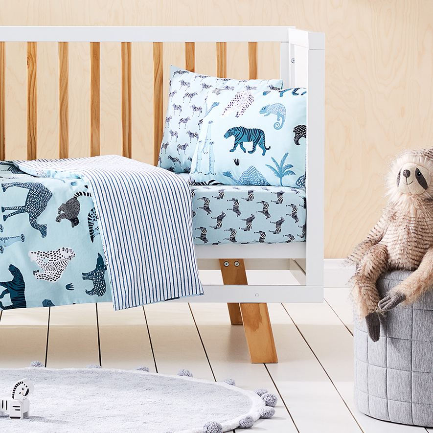 Adairs Kids - Stonewash Blue Jungle Cot Quilt Cover Set | Adairs