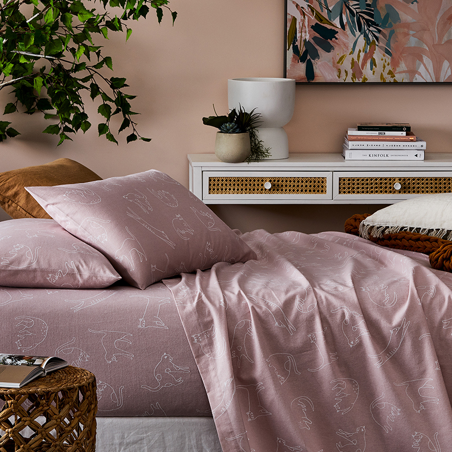 Printed Flannelette Pink Cat Sheet Set | Adairs