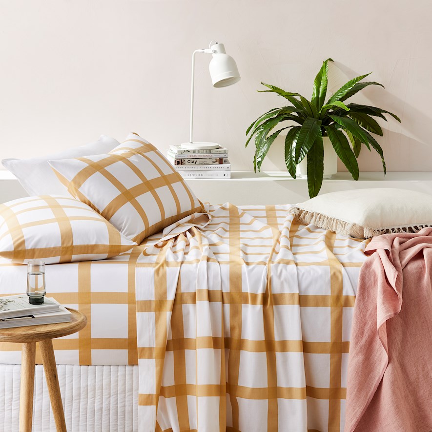 Perfect Cotton Percale Mustard Check Sheet Set | Adairs