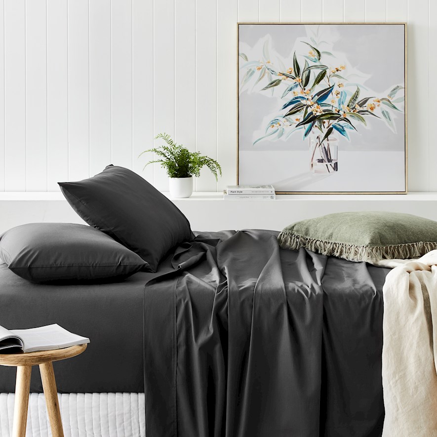 Plain Dye Perfect Cotton Percale Coal Sheet Set | Adairs