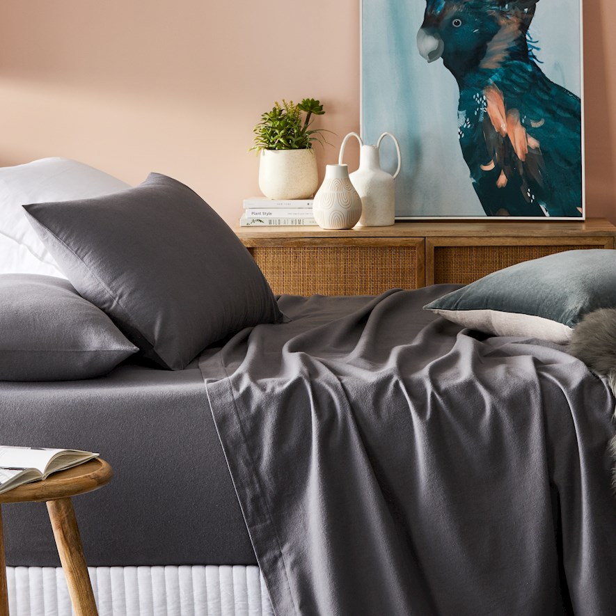 Plain Dyed Flannelette Coal Sheet Set + Pillowcases | Adairs