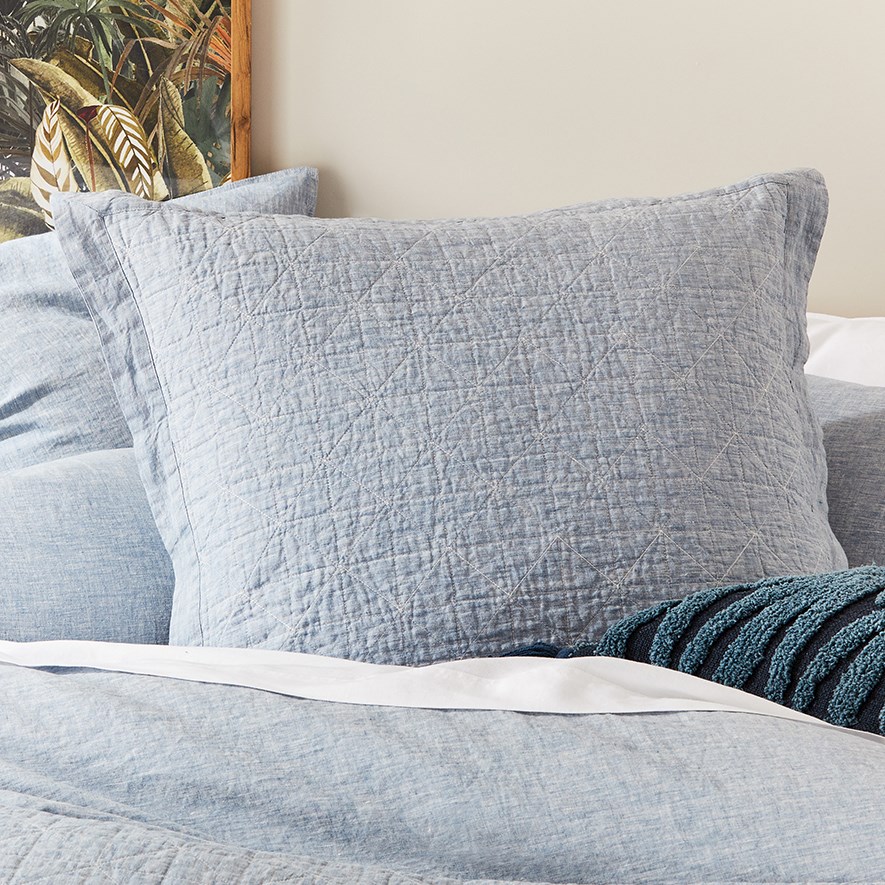 Vintage Washed Linen Sky Blue Quilted Pillowcase | Adairs