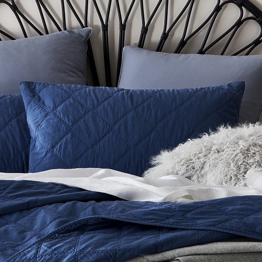 Stonewashed Cotton China Blue Quilted Pillowcase | Adairs