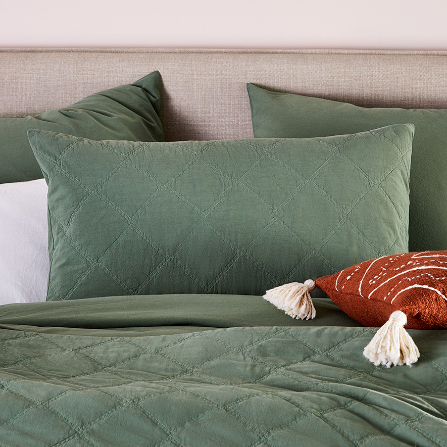 Stonewashed Cotton Fern Quilted Pillowcase | Adairs