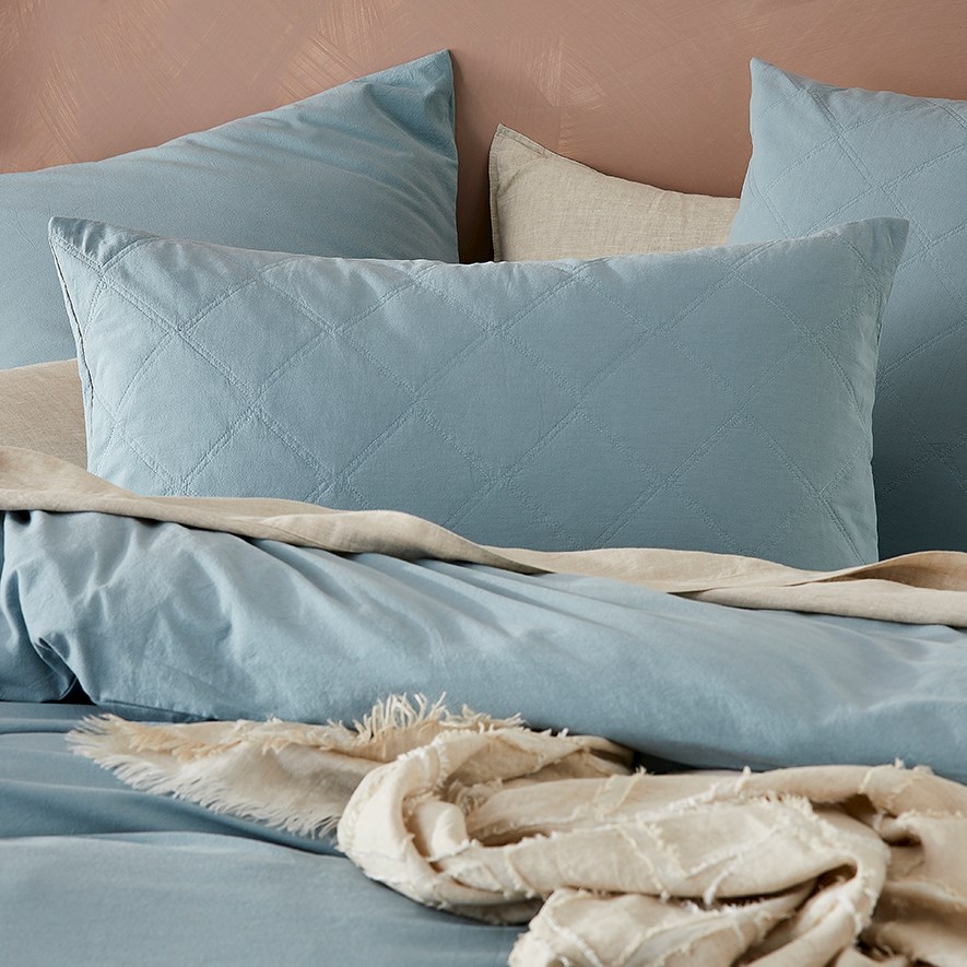 Home Republic - Stonewashed Cotton Blue Grey Quilted Pillowcase | Adairs