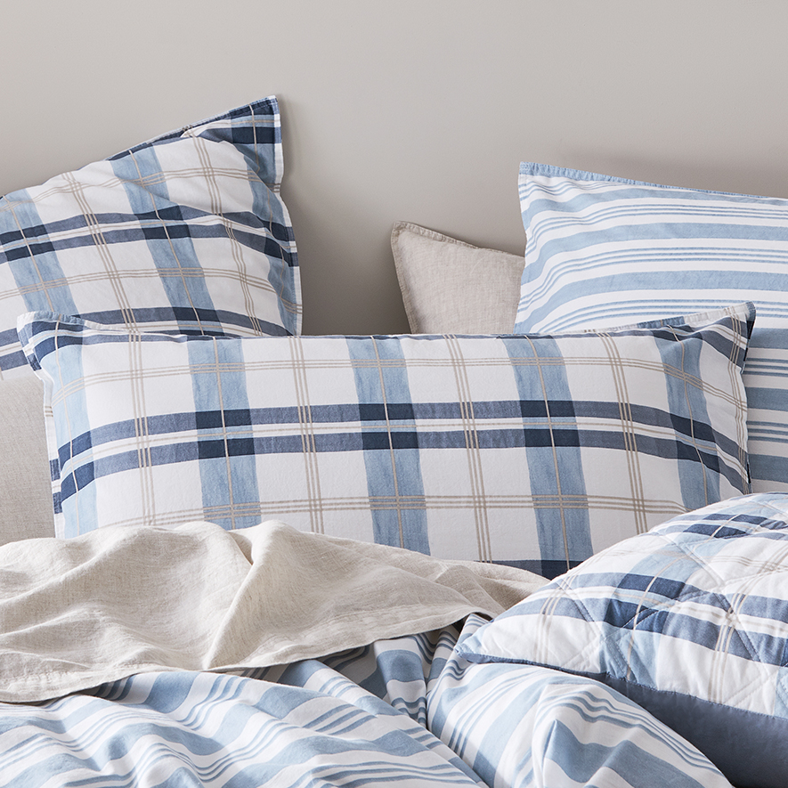Stonewashed Printed Cotton Blue Check Pillowcase | Adairs