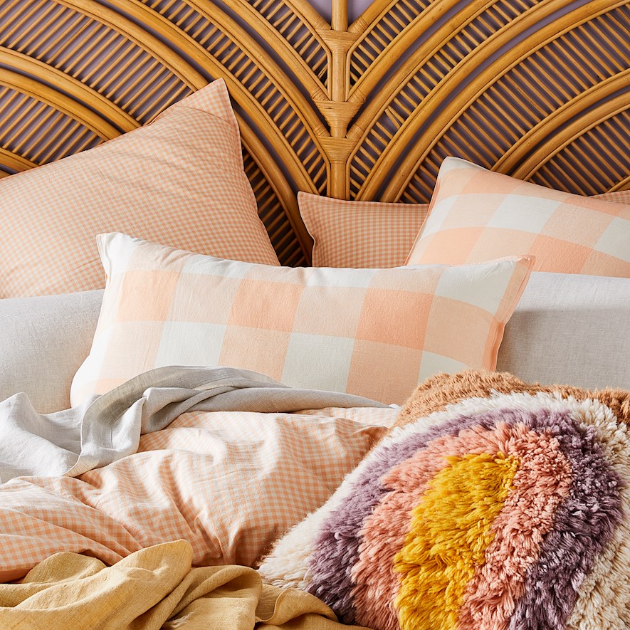 Vintage Washed Linen Peach Check Quilt Cover Set + Separates | Adairs