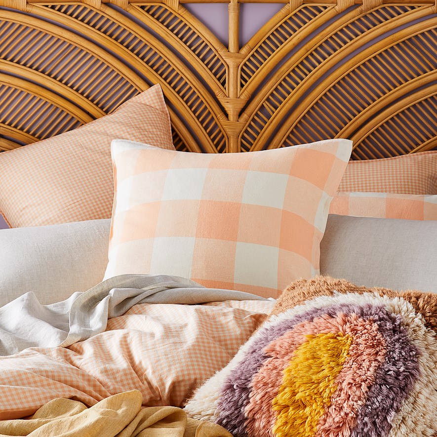 Vintage Washed Linen Peach Check Quilt Cover Set + Separates | Adairs