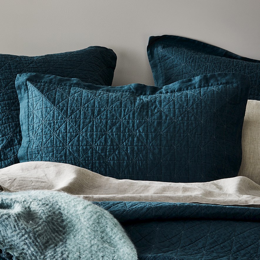 Vintage Washed Linen Deep Teal Quilted Coverlet Separates | Adairs