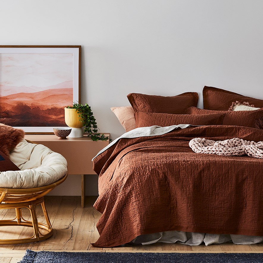Vintage Washed Linen Paprika Quilted Coverlet Separates | Adairs