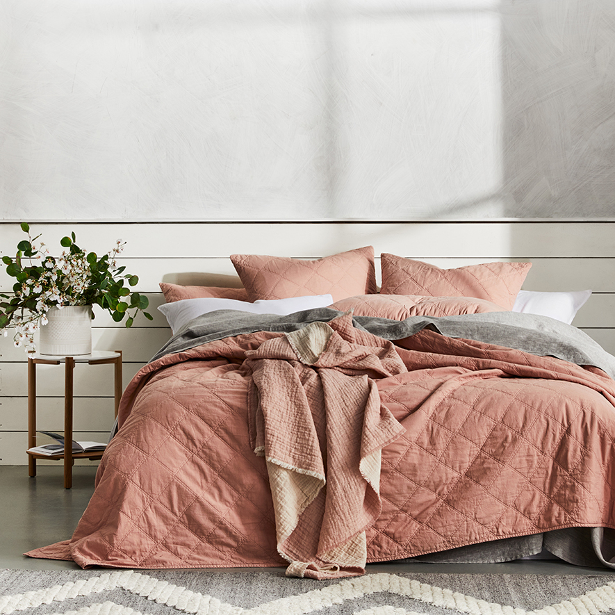 Stonewashed Cotton Dusty Pink Quilted Coverlet Separates | Adairs