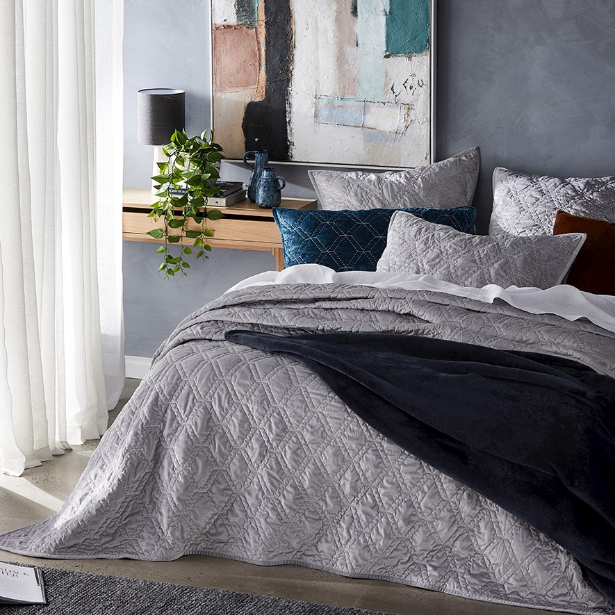 Valentina Velvet Silver Quilted Coverlet Separates | Adairs