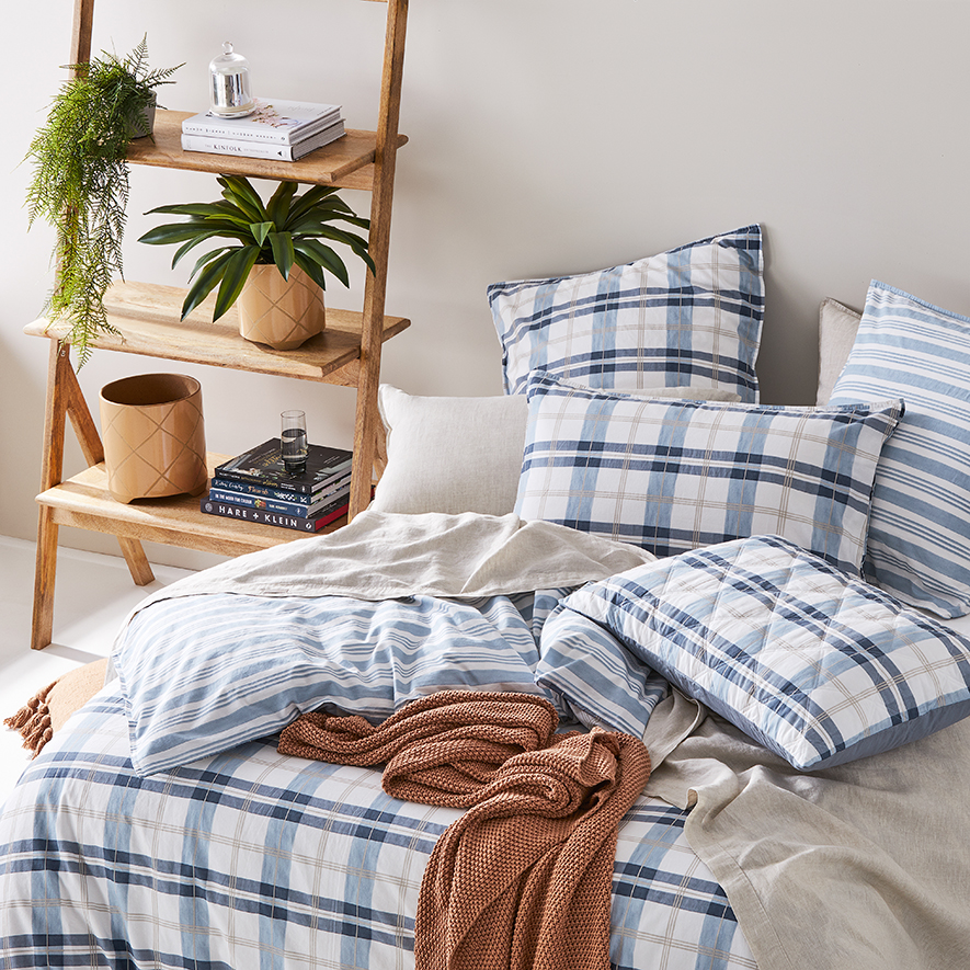 Stonewashed Printed Cotton Blue Check Quilt Cover Separates | Adairs