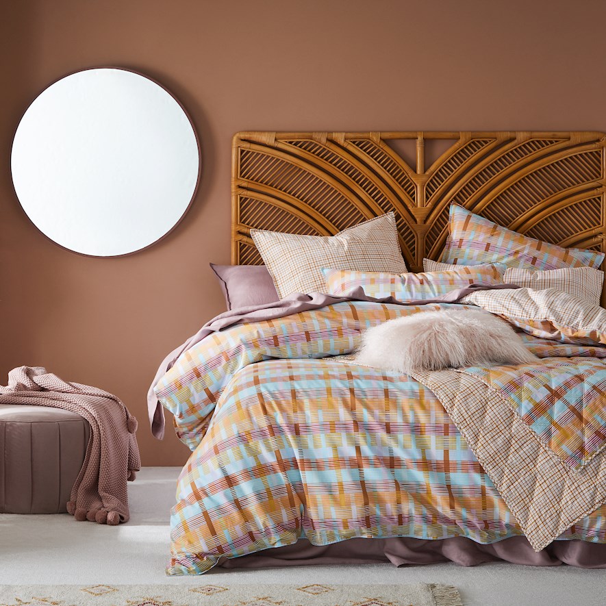 Stonewashed Printed Cotton Mustard Grid Quilt Cover Separates | Adairs