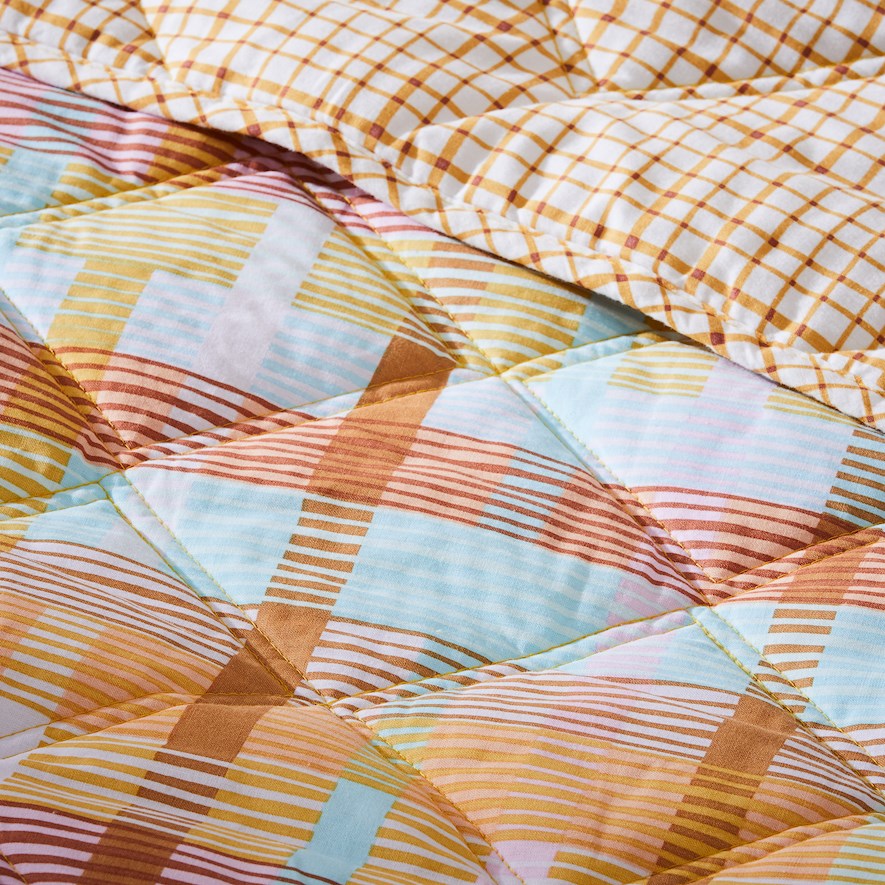Stonewashed Cotton Printed Mustard Grid Quilted Coverlet Separates | Adairs