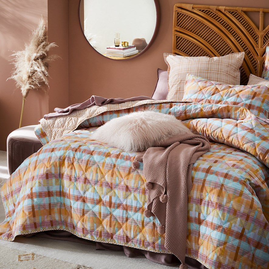 Stonewashed Cotton Printed Mustard Grid Quilted Coverlet Separates | Adairs