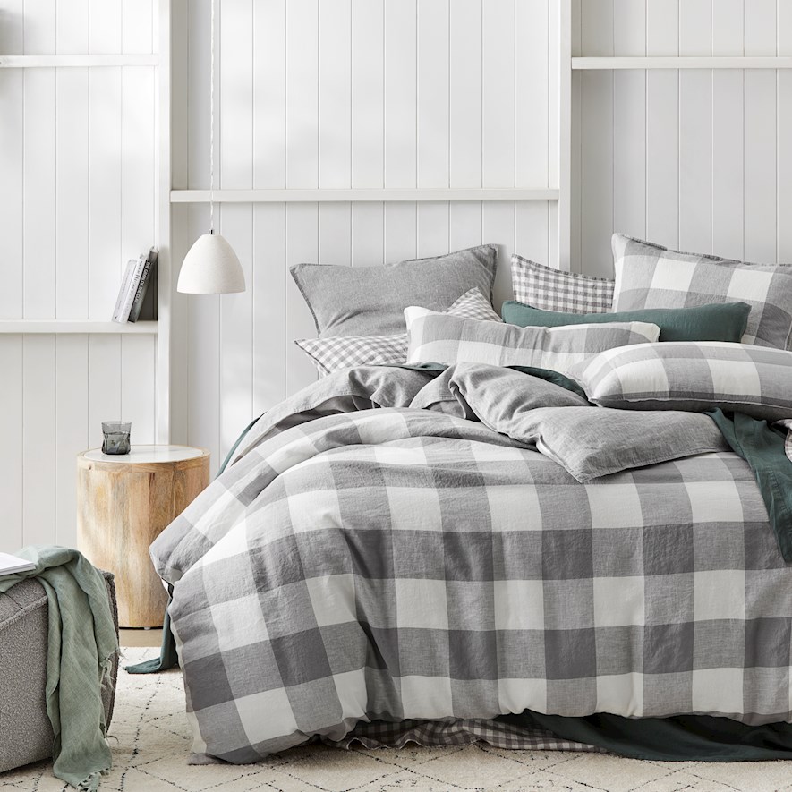 Vintage Washed Linen Large Grey Marle Check Quilt Cover Separates | Adairs