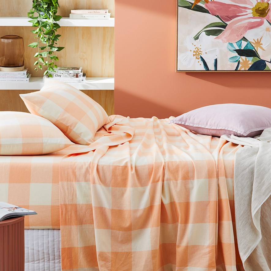 Vintage Washed Linen Peach Check Sheet Set | Adairs