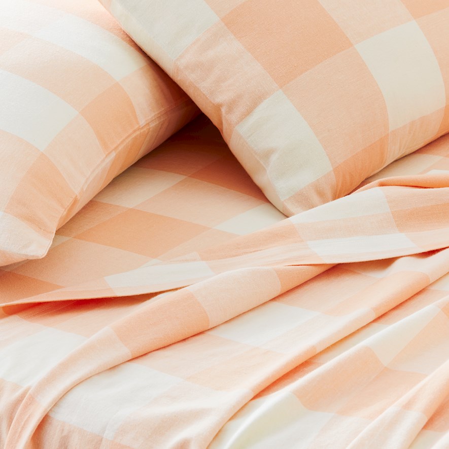 Vintage Washed Linen Peach Check Sheet Set | Adairs