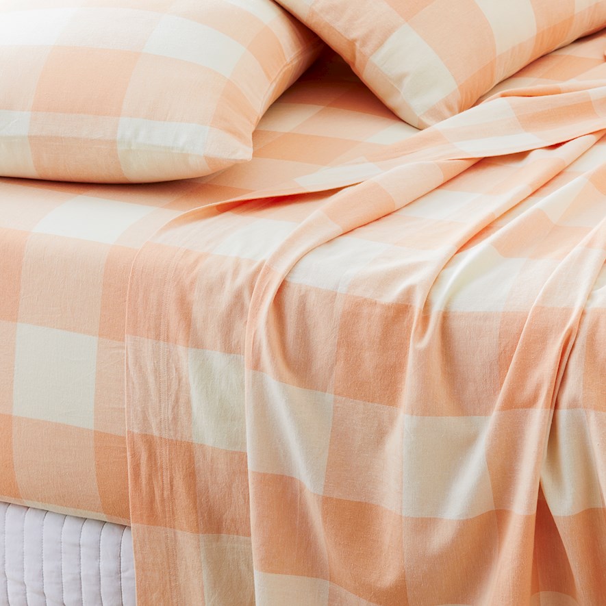 Vintage Washed Linen Peach Check Sheet Set | Adairs
