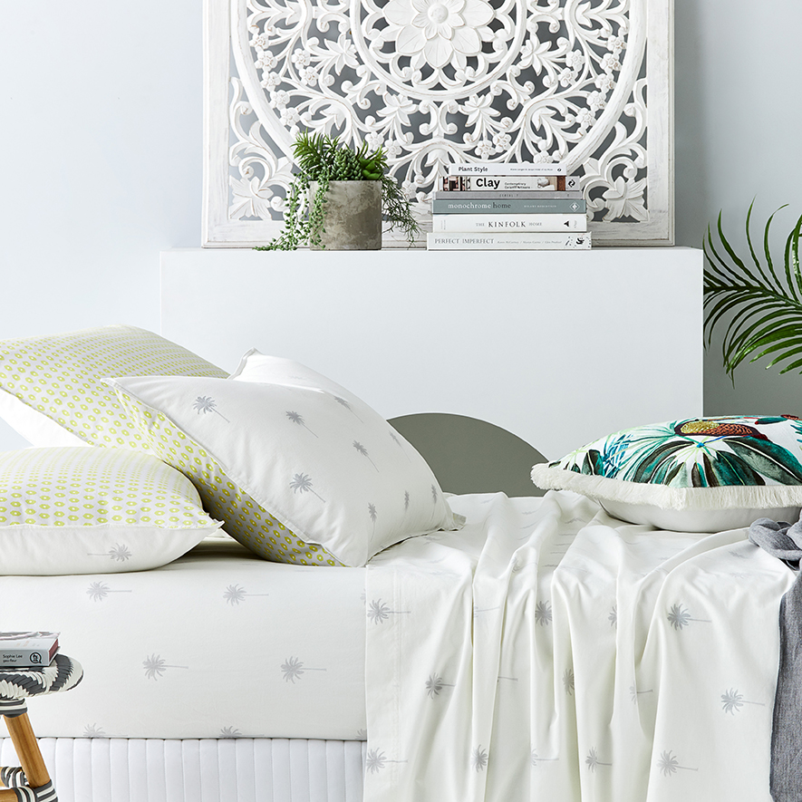 Stonewashed Printed Cotton Palm Silver Sheet Separates | Adairs