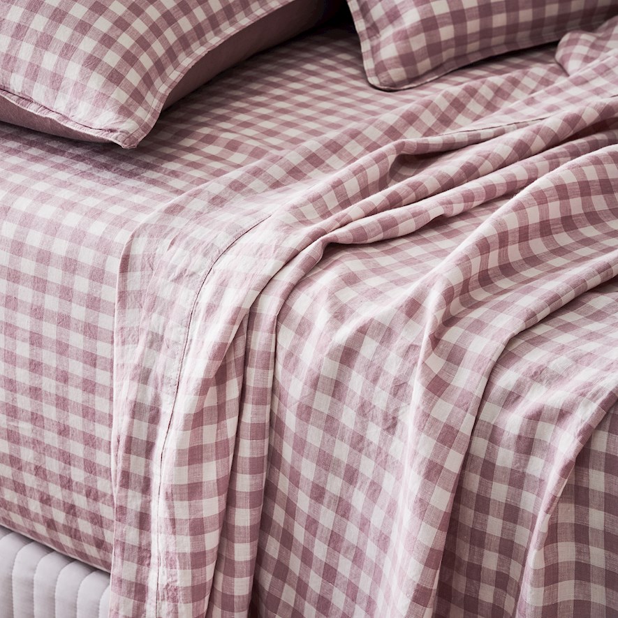 Vintage Washed Linen Dusty Mauve Check Sheet Set | Adairs