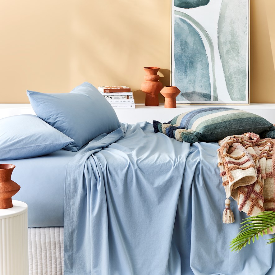 Stonewashed Cotton Sea Blue Sheet Set | Adairs